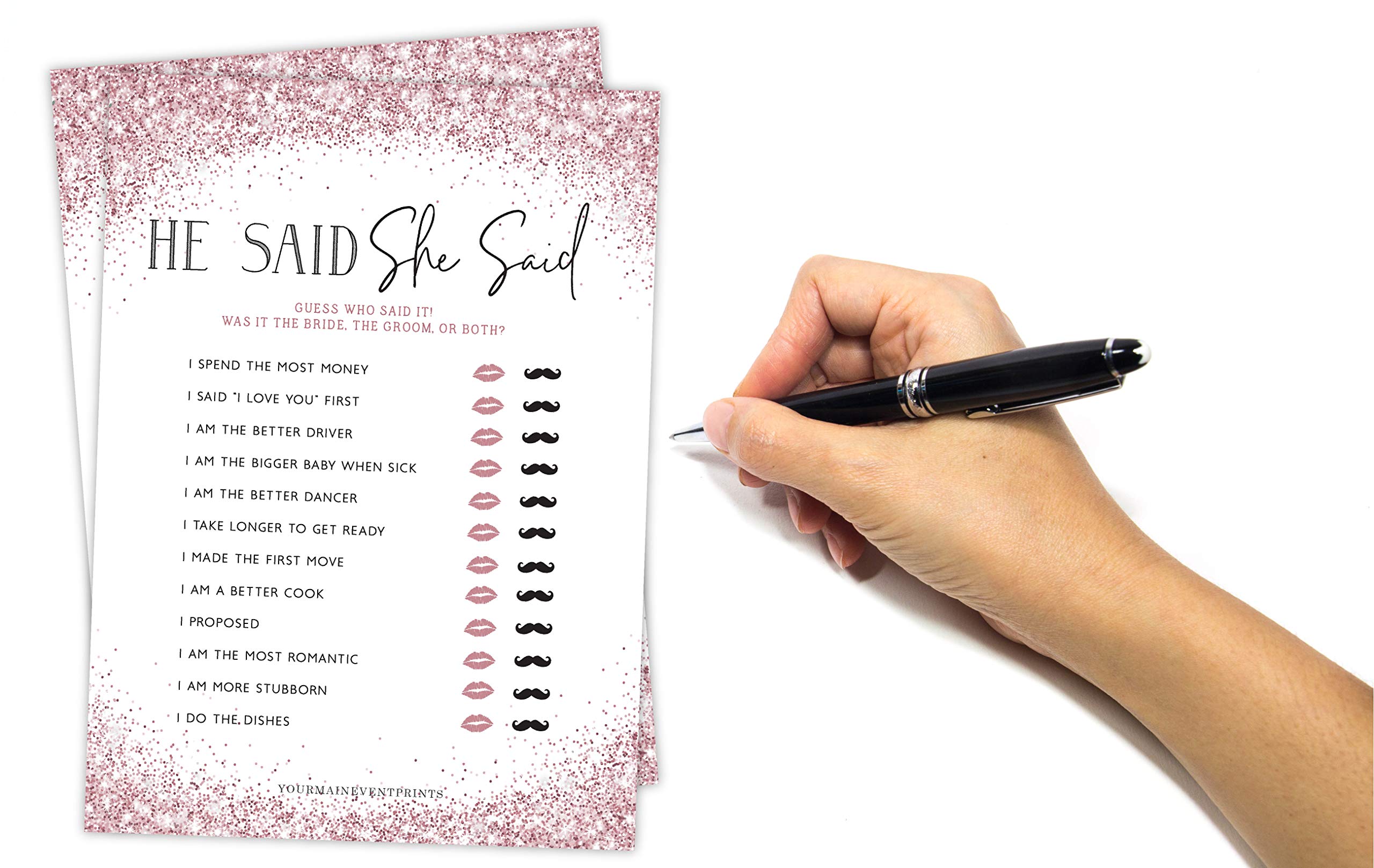Your Main Event Prints Bridal Shower Games (Set of 6 Fun Activities for 25 Guests) - Pink Glitter Theme - Printed Front and Back, One Game Per Side