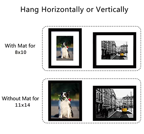 PEALSN 11x14 Picture Frame Set of 2, Made of High Definition Real Glass, Display 8x10 with Mat or 11 x 14 Without Mat, Photo Frames for Wall Mounting or Table Top Display, Black
