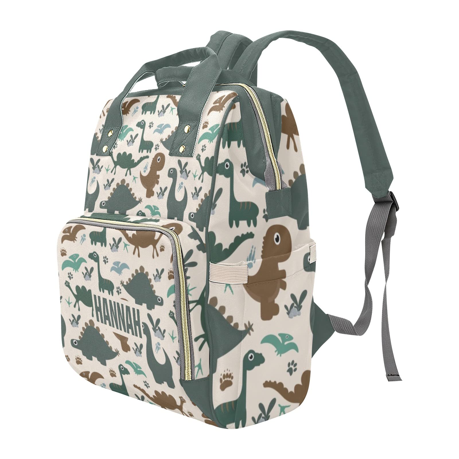 CustomLife Green Dinosaur Multi-Function Personalized Diaper Bag Backpack Tote with Name Travel Shoulder Casual Daypack Waterproof, 18.1''(H) x 10.83''(L) x 6.69''(W)