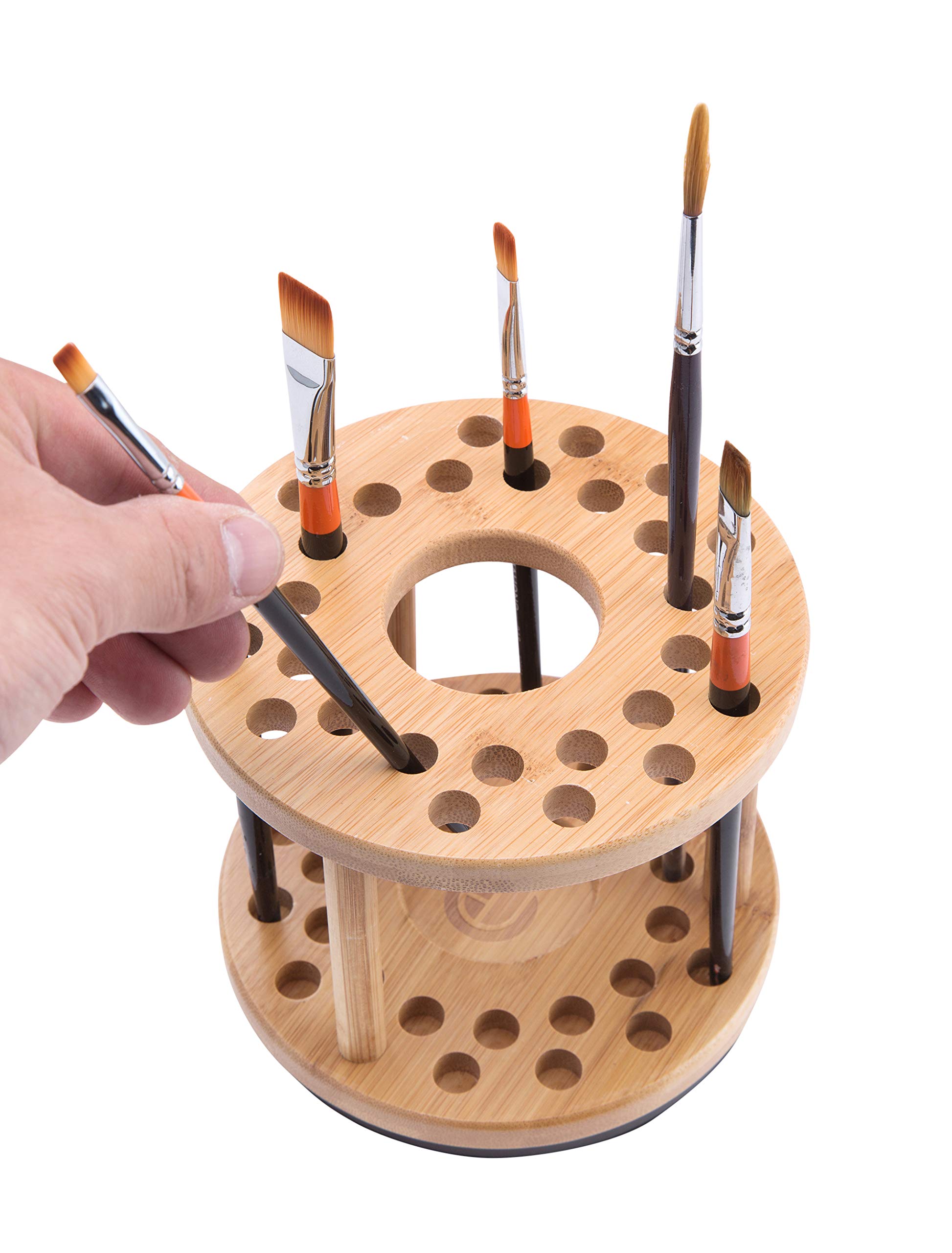 J JACKCUBE DESIGN 360 Rotating Paint Brush Holder Bamboo Watercolor Artist Brush Water Coloring Organizer Display Stand Tray Rack with 27 Holes and 1 Big Hole – MK441A