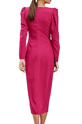 PRETTYGARDEN Women's Fall Fashion 2023 Long Puff Sleeve Maxi Dresses V Neck Twist Front Formal Dress with Slit (Rose Red,Medium)