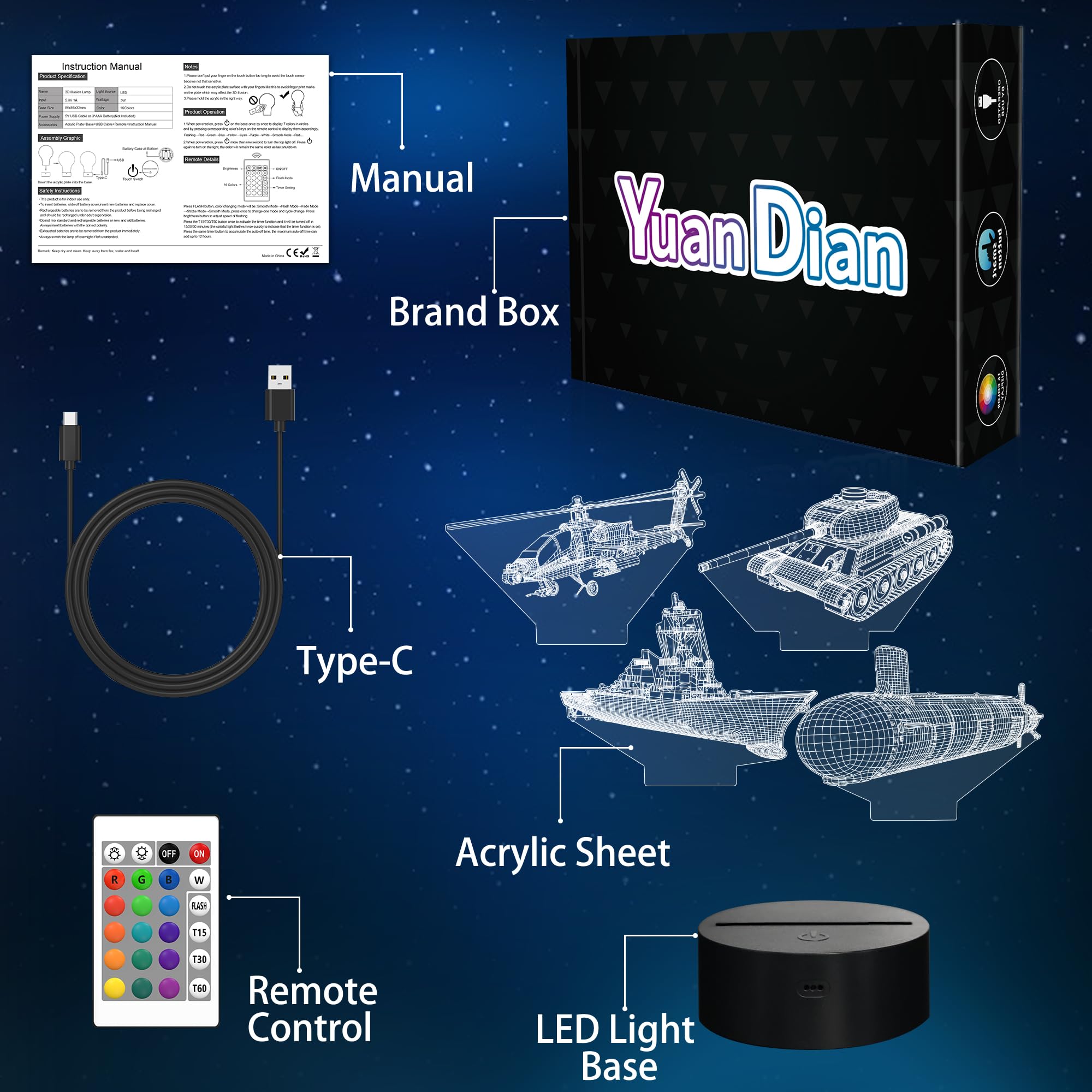 YuanDian Military Weapons 3D Lamp Kits,Navy Gguided Missile Destroyer, Submarine,Tank,Helicopter 3D Night Light for Kids (4 Patterns) with Remote Control & 16 Colors Light