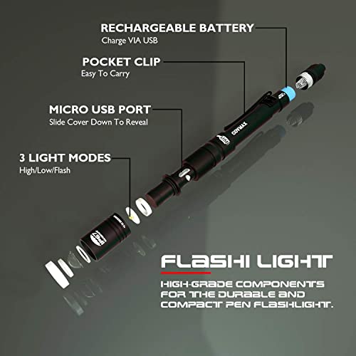 COVMAX Rechargeable Pen Light Flashlight IP67 Waterproof with Pocket Clip 4-Zoomable, Prefect for Inspection,Work,Repair