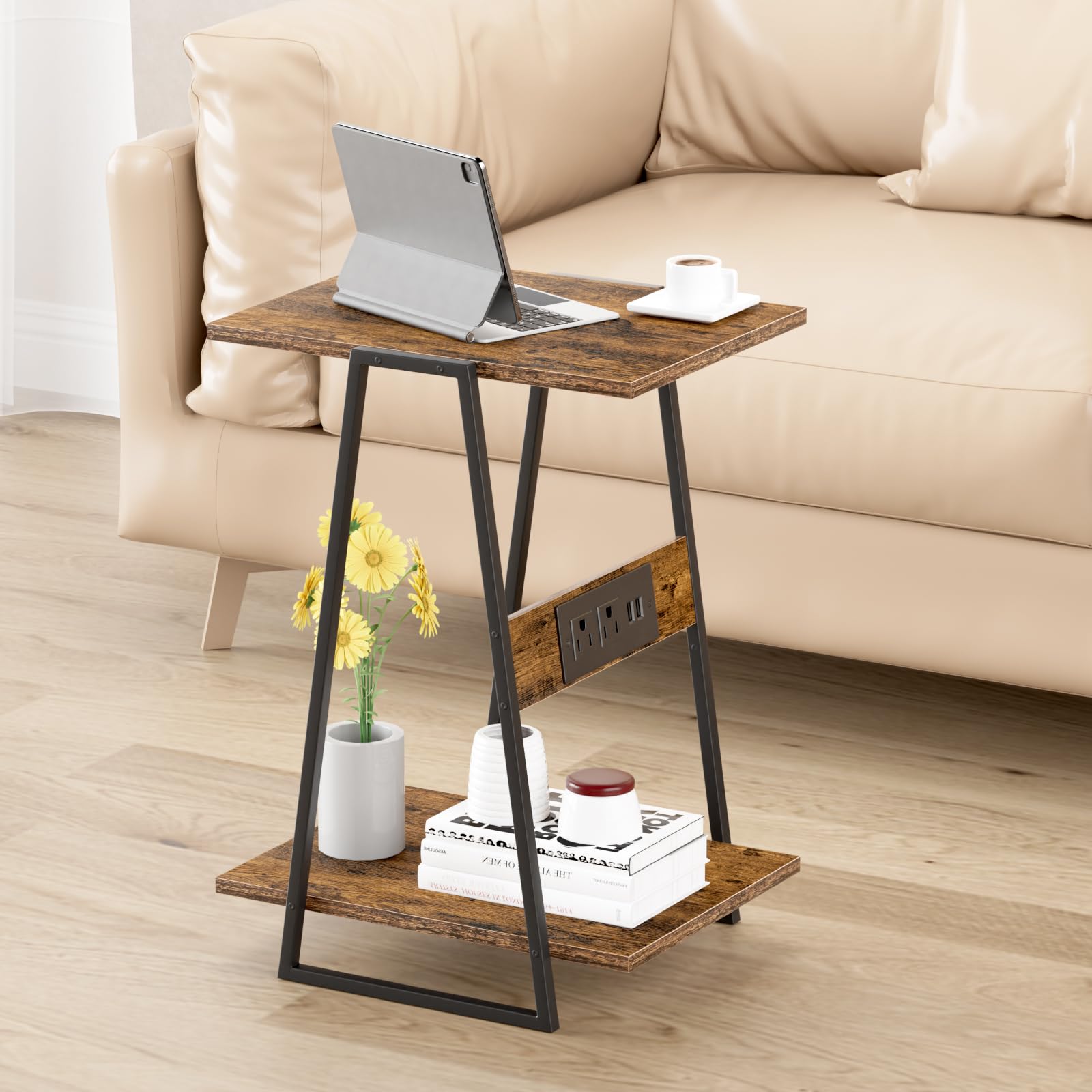 Gannyfer Side Table - 2 Tier Slim End Tables with Storage Shelf, Tall Nightstand for Small Space, Living Room, Bedroom, White