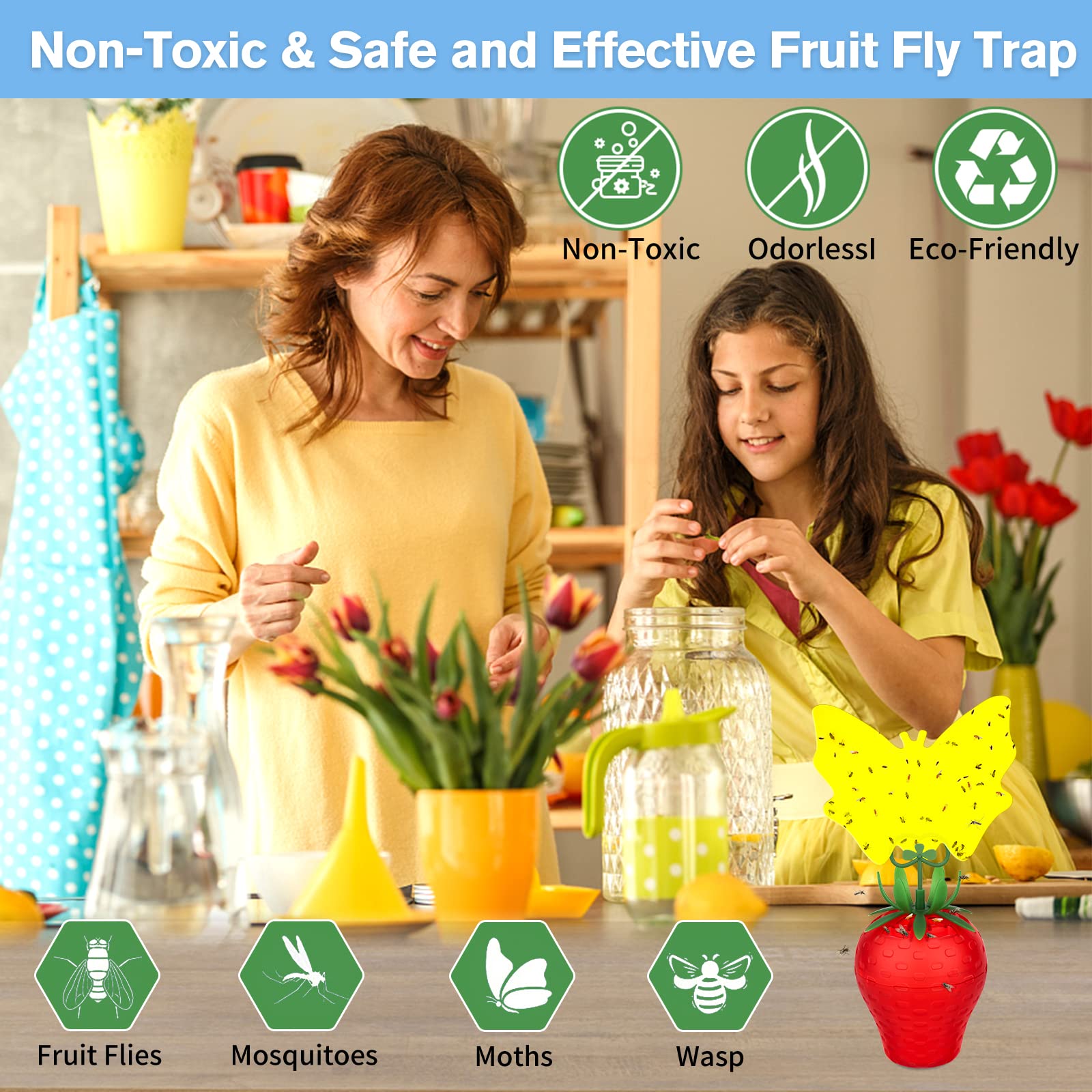 Fruit Fly Traps for Indoors, Gnat Killer Pet&People Safe, Effective Easy Use Fruit Flies Catcher for Mosquitoes, Gnats, Moths, Durable Flies Hunter with Sticky for Home Plants Kitchen 2P