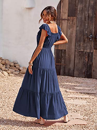 PRETTYGARDEN Women's Summer Bohemian Sleeveless Maxi Dress Square Neck Ruffle Flowy Long Sun Dress Wedding Guest Dress 2023 (Solid Navy, Large)