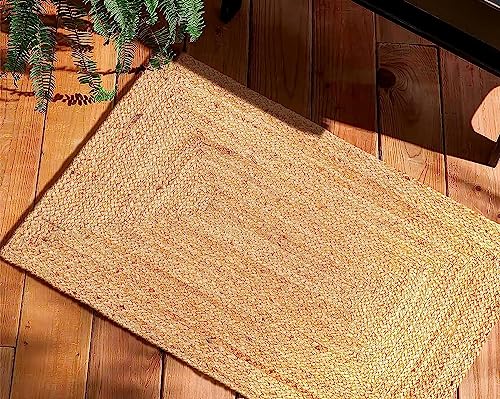 KEMA 2x3 Feet Handwoven Jute Braided Area Rug, Natural Yarn - Rustic Vintage Braided Reversible Rectangular Rug- Eco Friendly Rugs for Bedroom, Kitchen, Living Room, Farmhouse