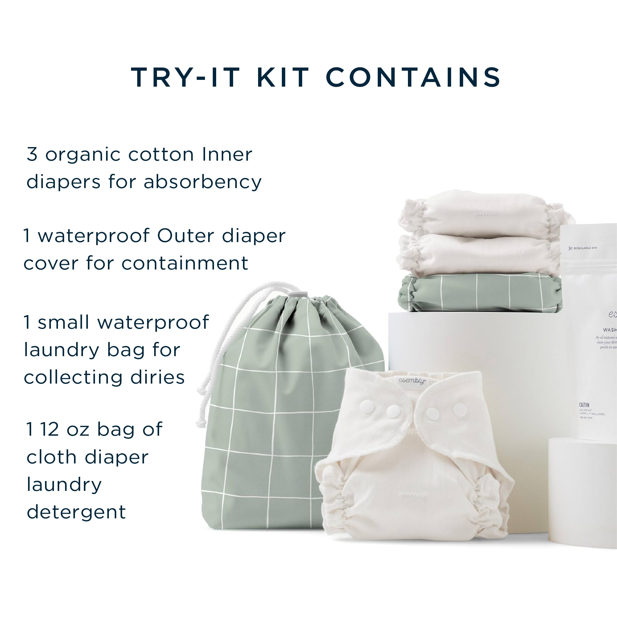 Esembly Cloth Diaper Try-It Kit, Starter Gift Set, Includes 3 Organic, Reusable Diapers Inners, 1 Stylish Outer, Patented Detergent & Wet Bag - Earth-Friendly Diapering, Sea Glass, Size 1 (7-18lbs)