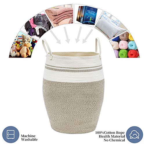 InfiBay Large Laundry Hamper | Tall Laundry Basket | Woven Cotton Rope Clothes Hamper | 25.6” Height Tall Dirty Clothes Hamper with Extended Handles in Bedroom, Bathroom or Living Room