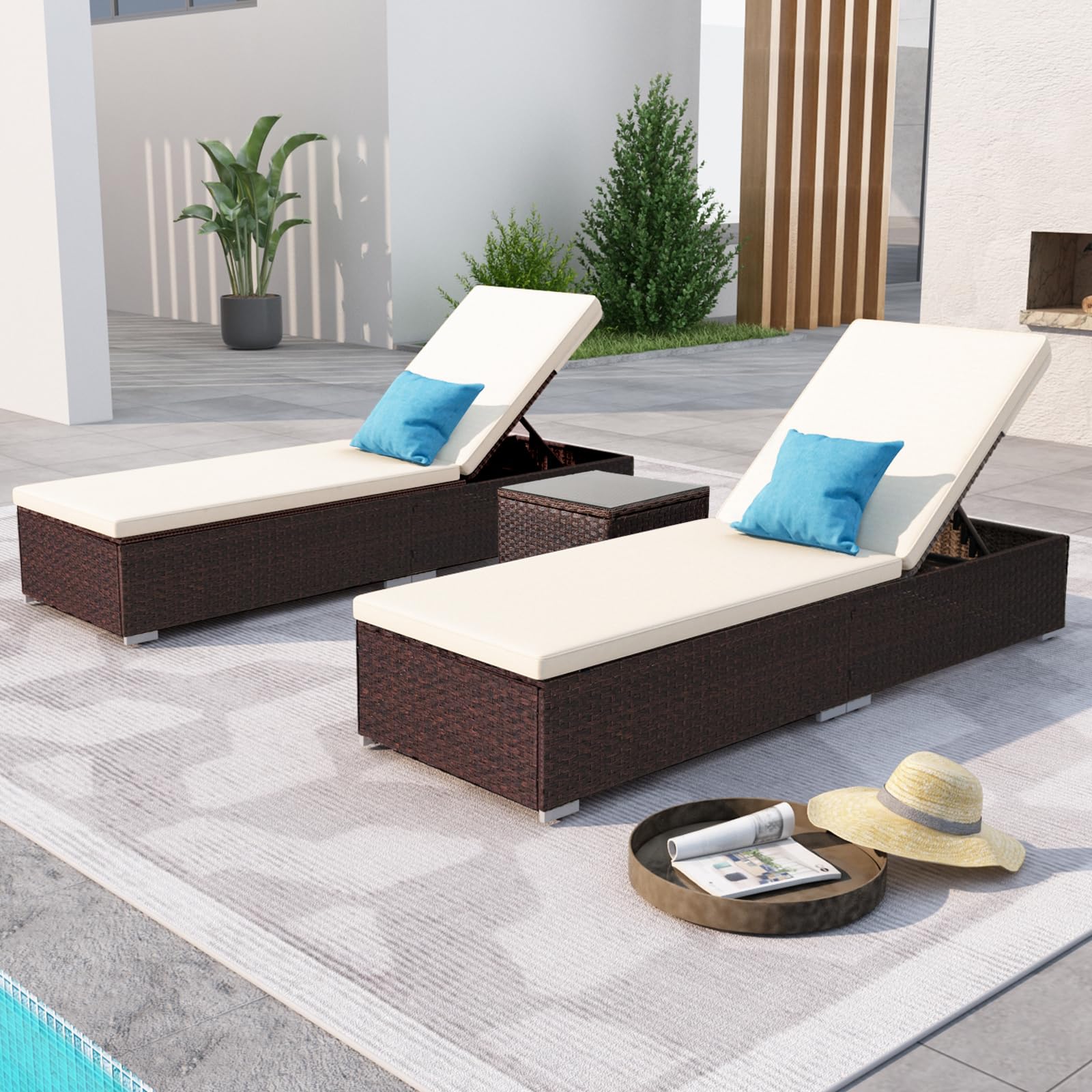 DIMAR GARDEN 3Piece Outdoor Chaise Lounge,Wicker Pool Lounge Chairs with Table, Mixed Brown