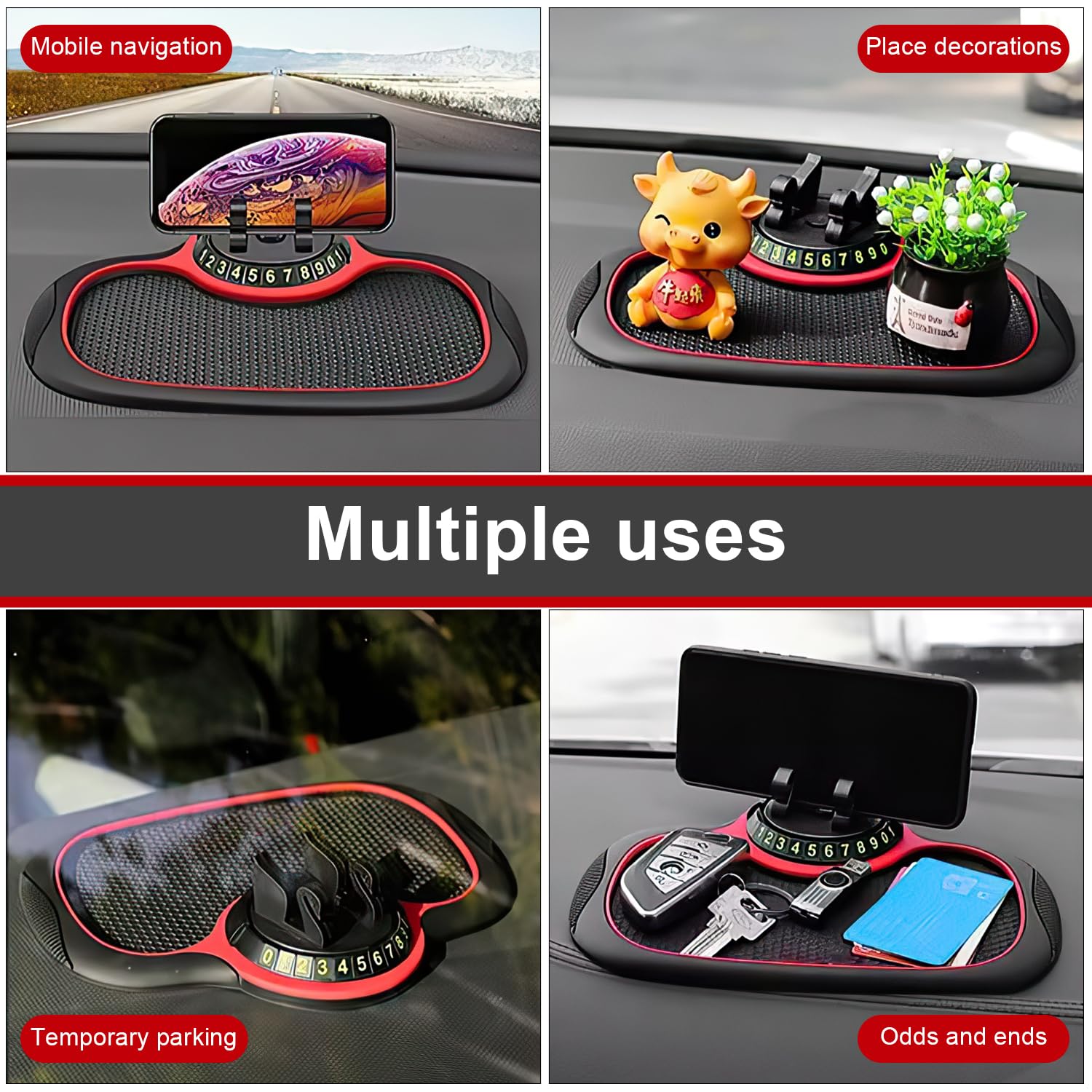 DAFUZ Multifunction Car Anti-Slip Mat Auto Phone Holder, Car Phone Mount Silicone Car Pad Mat, Universal Multifunction Car Dashboard Mat with Phone Holder in Car (1PCS-Red)