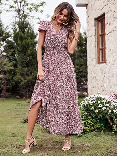 PRETTYGARDEN Womens Summer Dresses 2023 Casual Flowy Swiss Dot Long Maxi Dress for Wedding Guest Graduation (Coffee Pink, Small)
