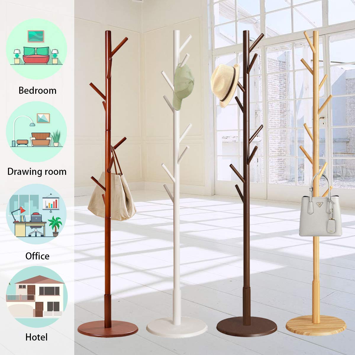 Coat Rack Wooden Coat Rack Free Standing Coat Tree with 8 Hooks Entryway Coat Hanger Stand with Round Base for Bags, Clothes, Umbrellas, Hats, in Home and Office (White)