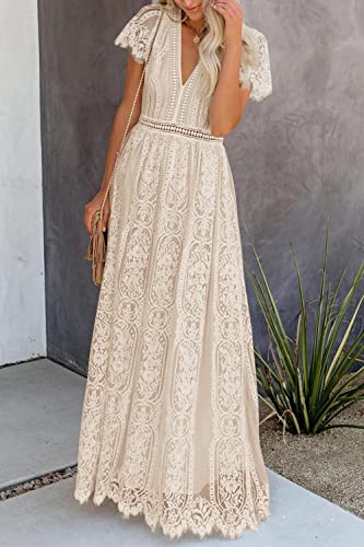 PRETTYGARDEN Women's Floral Lace Maxi Dress 2023 Short Sleeve V Neck Bridesmaid Wedding Evening Party Dresses (Apricot,Medium)