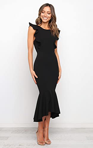PRETTYGARDEN Womens Elegant Sleeveless Cocktail Dress Ruffle Mermaid Wedding Guest Midi Formal Dresses Black