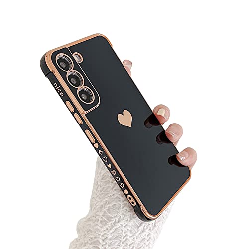 phylla Compatible with Samsung Galaxy S21+ Plus 6.7” 5g Case,Luxury Plating Cute Love Heart Side Small Pattern Phone Case,Full Camera Protection Soft Silicone Shockproof Bumper Cover (Black)