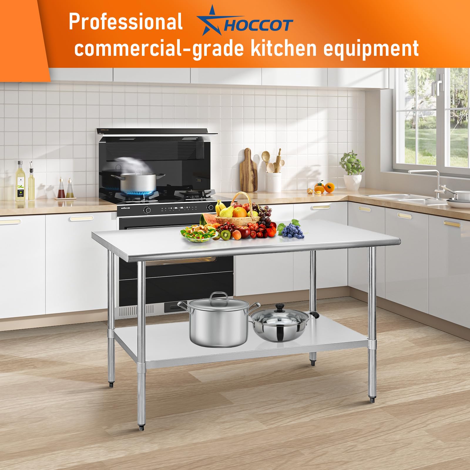 HOCCOT Stainless Steel Table for Prep & Work 24" X 60" inches with Adjustable Shelf, Commercial Workstations, Utility Table in Kitchen Garage Laundry Room Outdoor BBQ