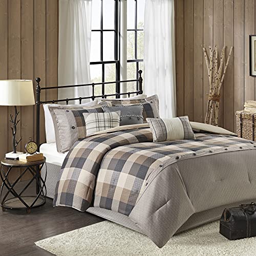 Madison Park Ridge Comforter Set-Cabin Lodge Plaid Herringbone Design All Season Down Alternative Cozy Bedding with Matching Bedskirt, Shams, Decorative Pillow, Queen(90"x90"), Neutral 7 Piece