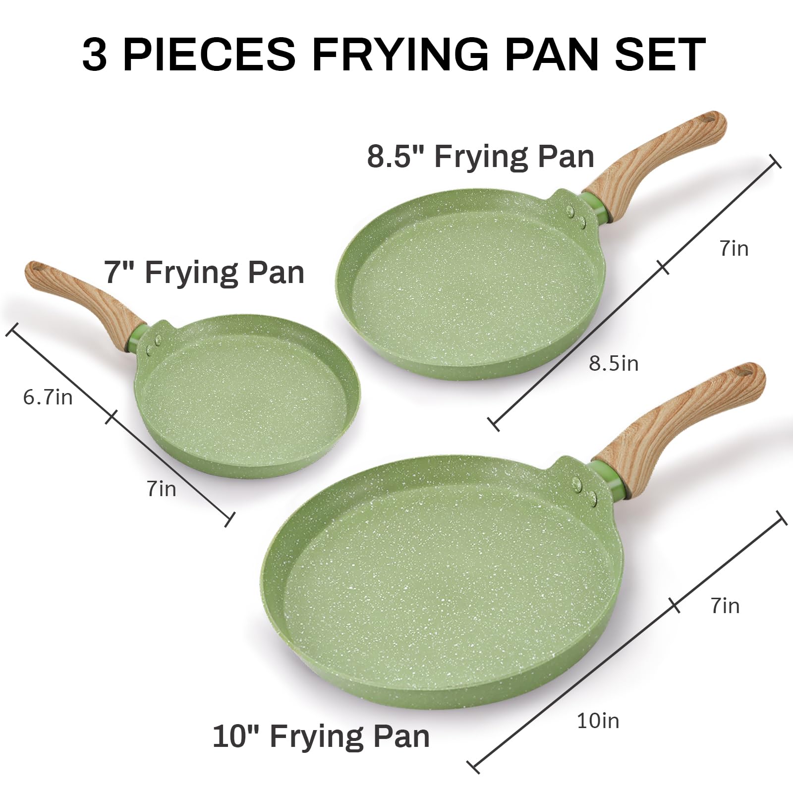 FTNESGYM Egg Pan Frying Pan Set, 7" 8.5" and 10" 3 Pieces Nonstick Crepe Pan Set, Omelet Pans, Flat Pan for Tortillas, Omelette, Pancake, Gas Stove Induction Compatible (Green)