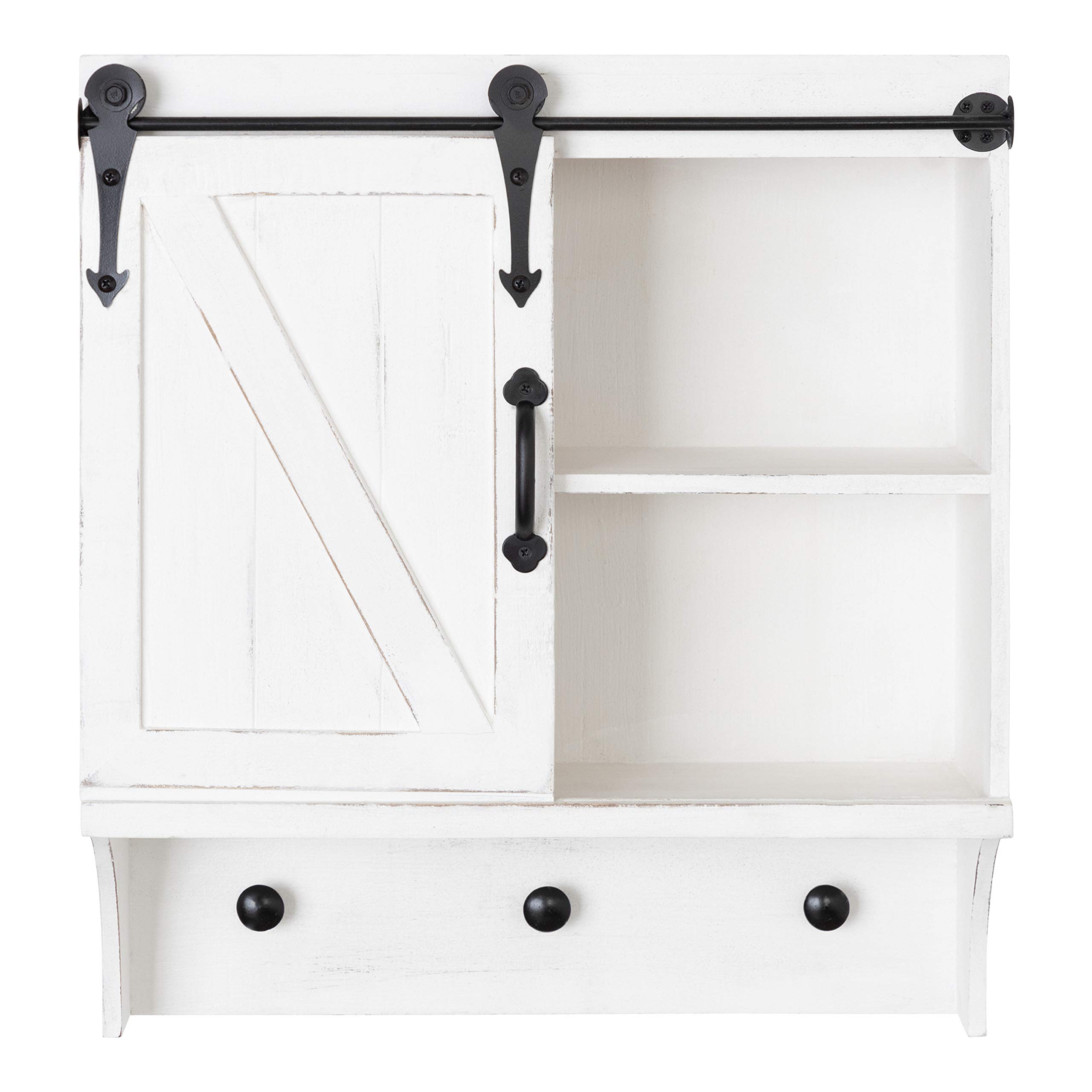 Kate and Laurel Cates Decorative Farmhouse Cabinet Wall Organizer with Sliding Barn Door and 3 Knobs, 18 x 8 x 20, White, Shabby-Chic Farmhouse-Inspired Mail and Key Holder for Wall