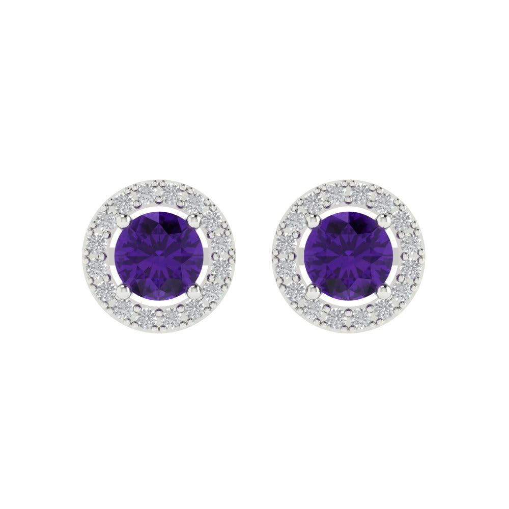 Clara Pucci 1.5ct Round Cut Halo Solitaire Natural Amethyst Unisex Designer Solitaire Stud Screw Back Earrings Solid 14k White Gold