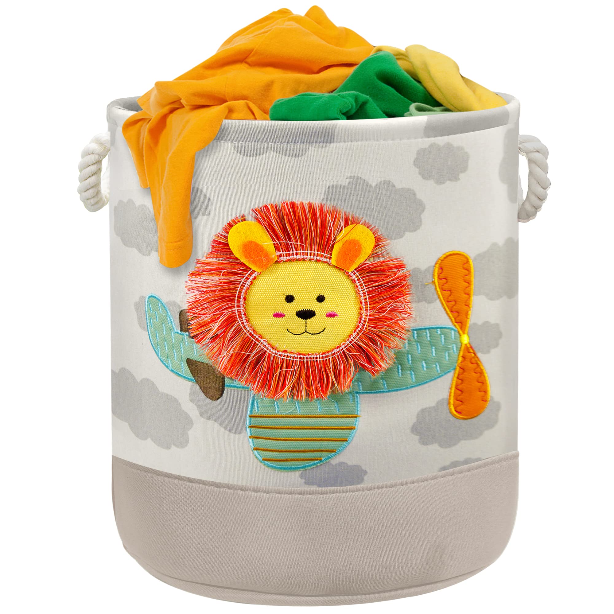Cute Babys Laundry Basket - Kids Laundry Hamper for Boys, (Lion) Collapsible Thicken Durable Toys Organizer Storage Round Baskets and Nursery Bedroom Decor (Light Grey)