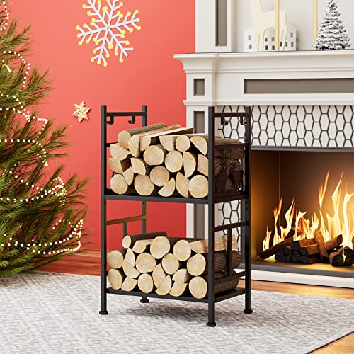 Firewood Rack, 2 Tiers Fireplace Tool Rack Wrought Iron Firewood Log Storage Rack Holder for Indoor Outdoor Fireplace, Fire Pit, Stove (Deers)