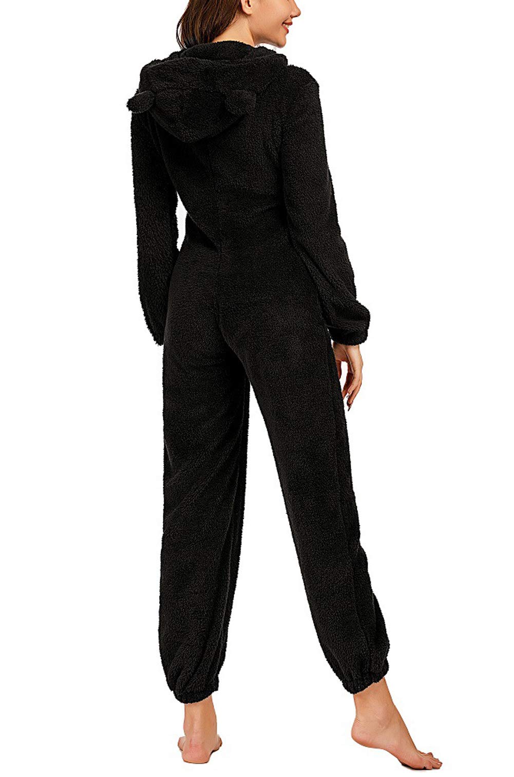 chouyatou Women's Ultra Comfy Lounge Furry Sherpa Romper Onesie Pajamas Cute Ear Hood (Large, Black)