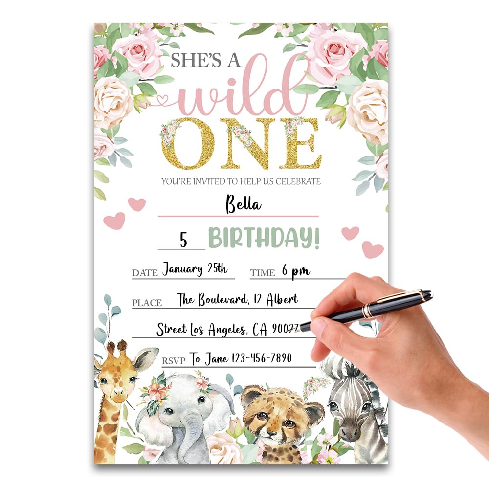FujLoy Wild One Birthday party Invitations, Wild One Invitations, Jungle Theme, Animals Birthday Party Invites.(060)