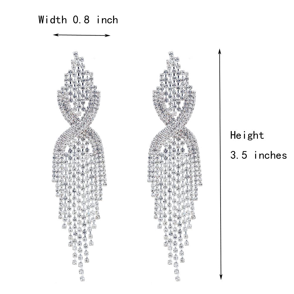 CHRAN Silver Rhinestone Long Tassels Dangle Chandelier Earrings Jewelry Size 3.5"