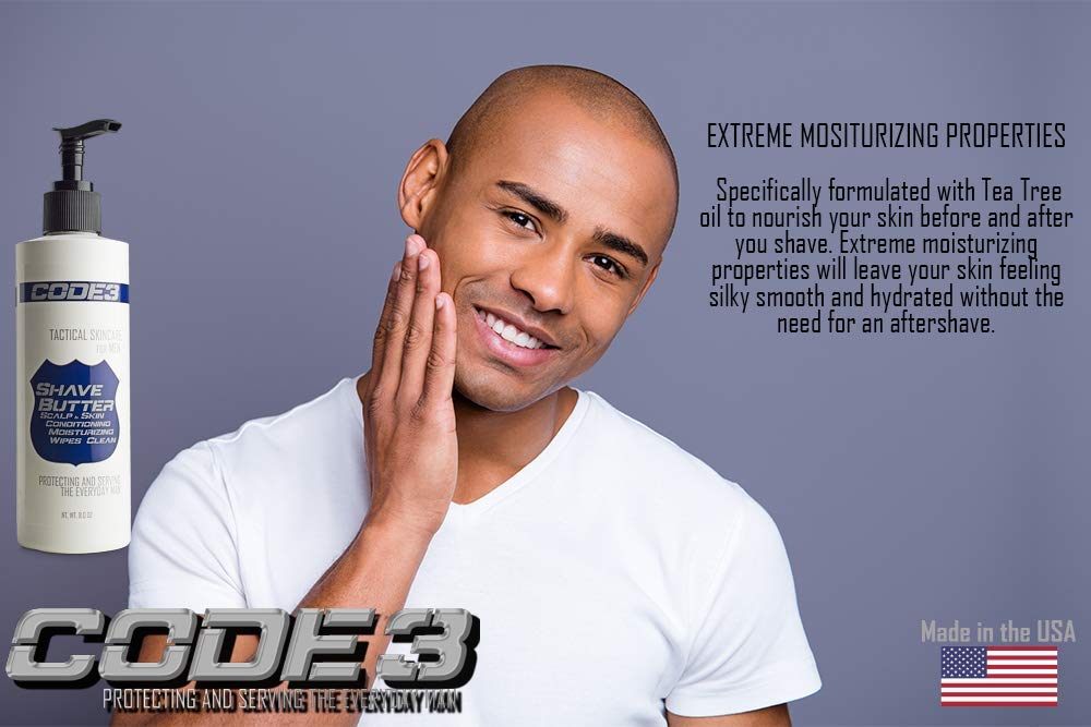 CODE 3 Shave Butter- Best Mens Moisturizing Shave Butter for Head and Face with Essential Oils and Shea Butter for an Irritation Free Shaving Experience, 8oz.