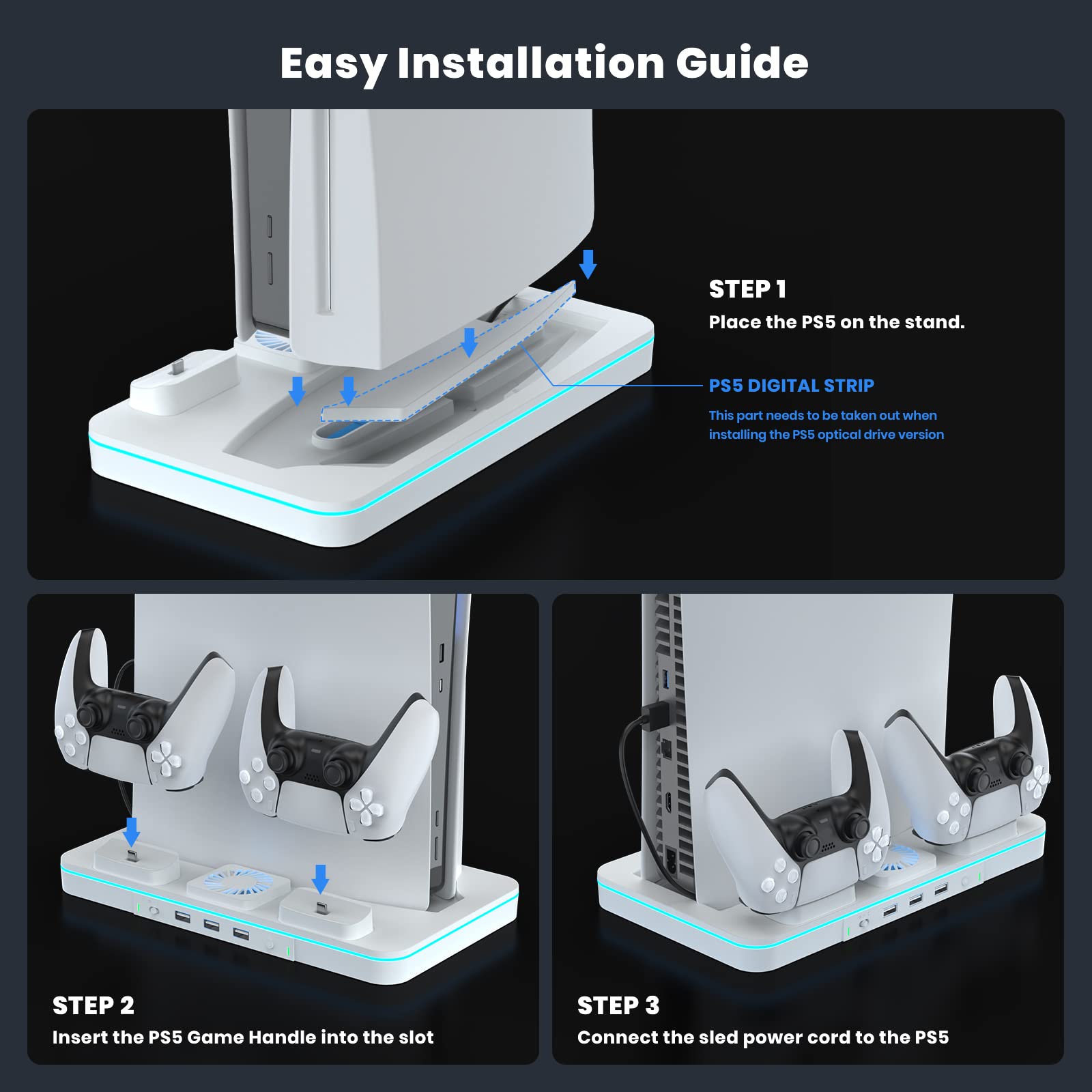 CODOGOY PS5 Cooling Stand with Controller Charger, Cooling Station for PS5 Disc & Digital Editions, 2 Levels Adjustable Fans Speed, PS5 Controller Charging Docking Station with 3 USB Ports