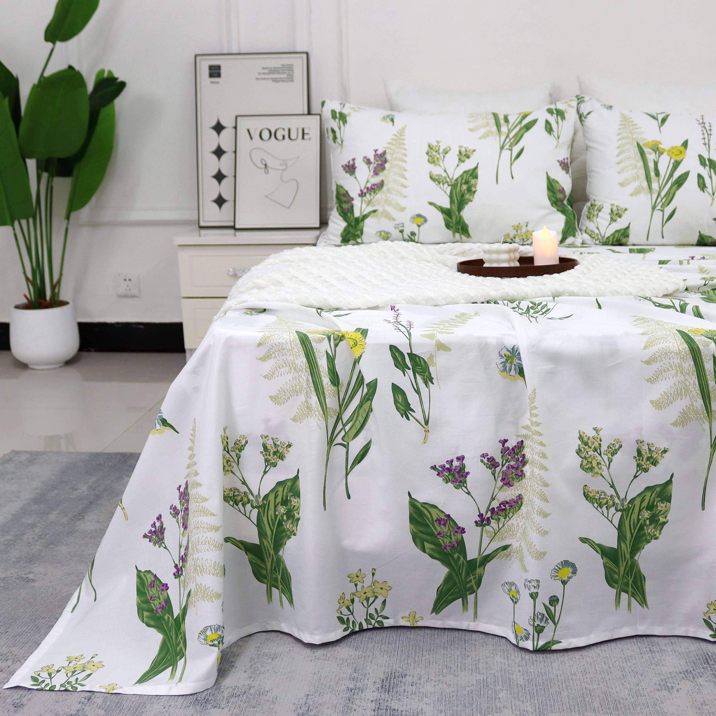 FADFAY California King Size Sheets Set Premium 100% Cotton Green Floral Bed Sheet Botanical Lavender Leaf Daisy White Deep Pocket Fitted Sheet Soft Shabby Sheets Pillowcases Set 4Pcs, Cal King