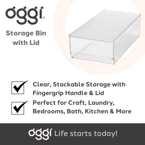 Oggi Clear Stackable Storage Bin with Lid - Ideal for Kitchen, Pantry, Cabinet, Bathroom, Bedroom, Kids, Refrigerator, Freezer. With Handles - Organize Jars, Packets, Snacks, Pasta - 12x4x4