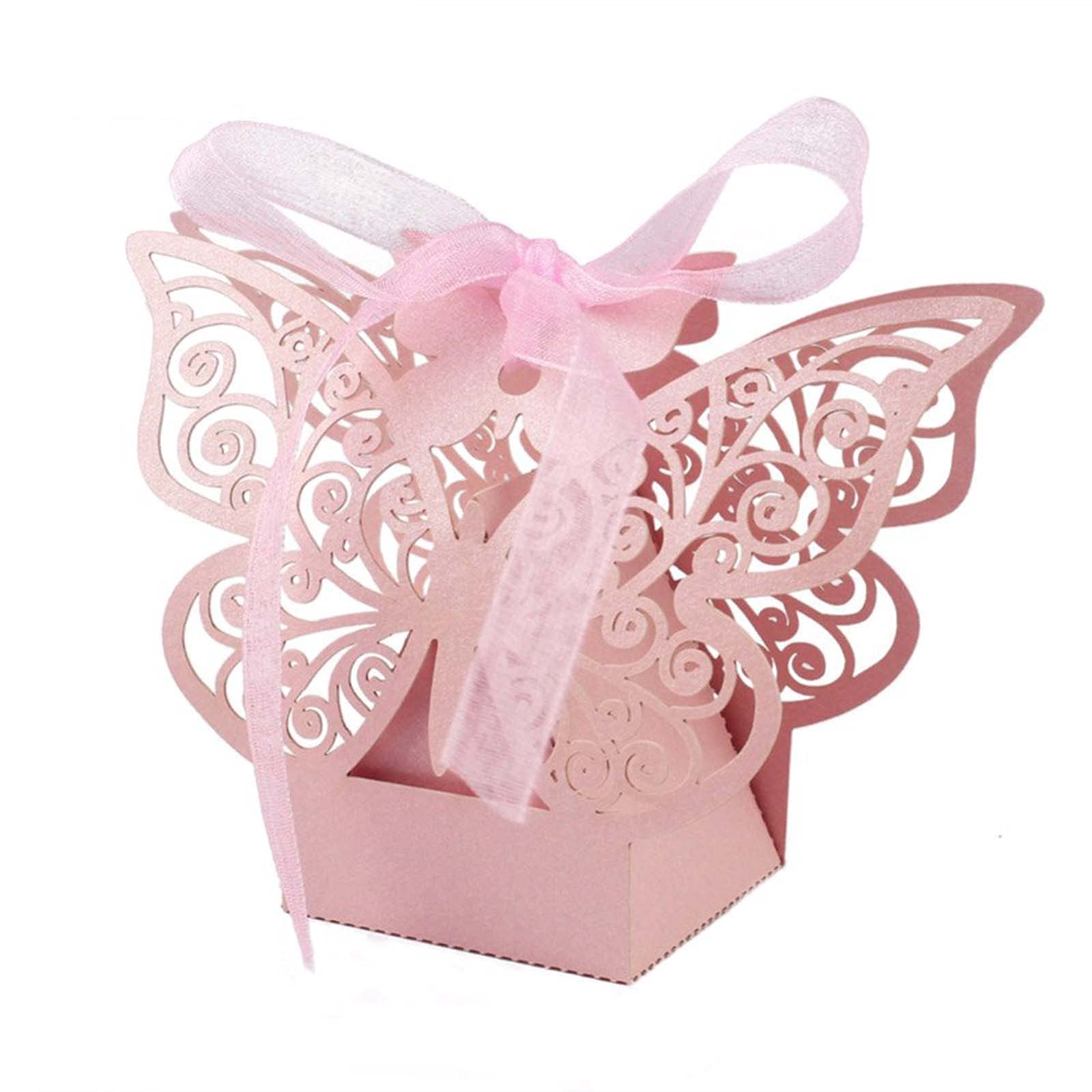JANOU 24pcs Butterfly Candy Boxes Laser Cut DIY Paper Box with Ribbons for Wedding Bridal Birthday Baby Shower Party Suppliers (Pink)