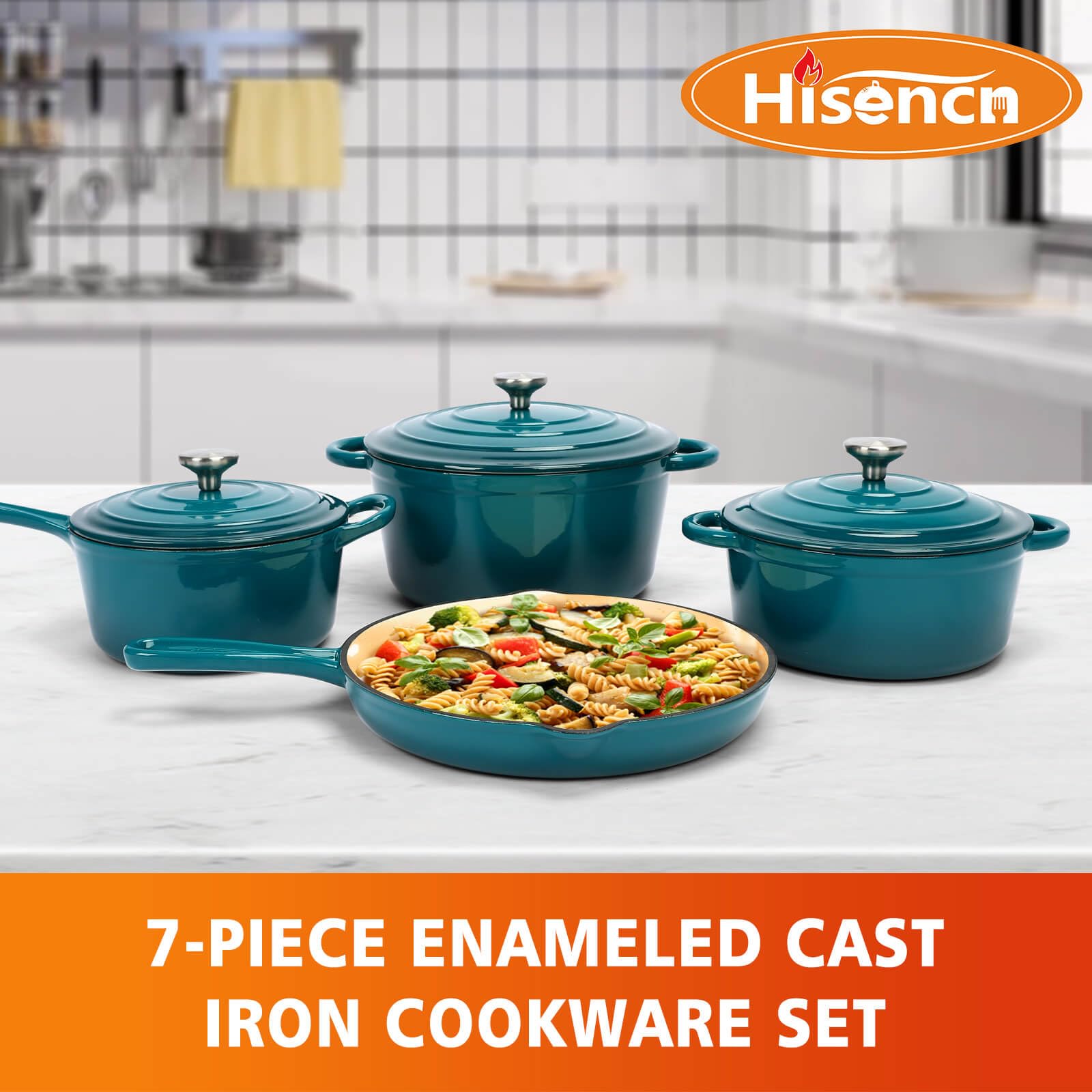 Enameled Cast Iron Cookware Set, 7 Piece Set of Dutch Ovens, Sauce Pan, Skillet, 3 Lids, Dutch Oven Set, Nonstick Ceramic Coated, Gas/Induction Compatible, PFA Free, Come with Organizer, Biscay Blue