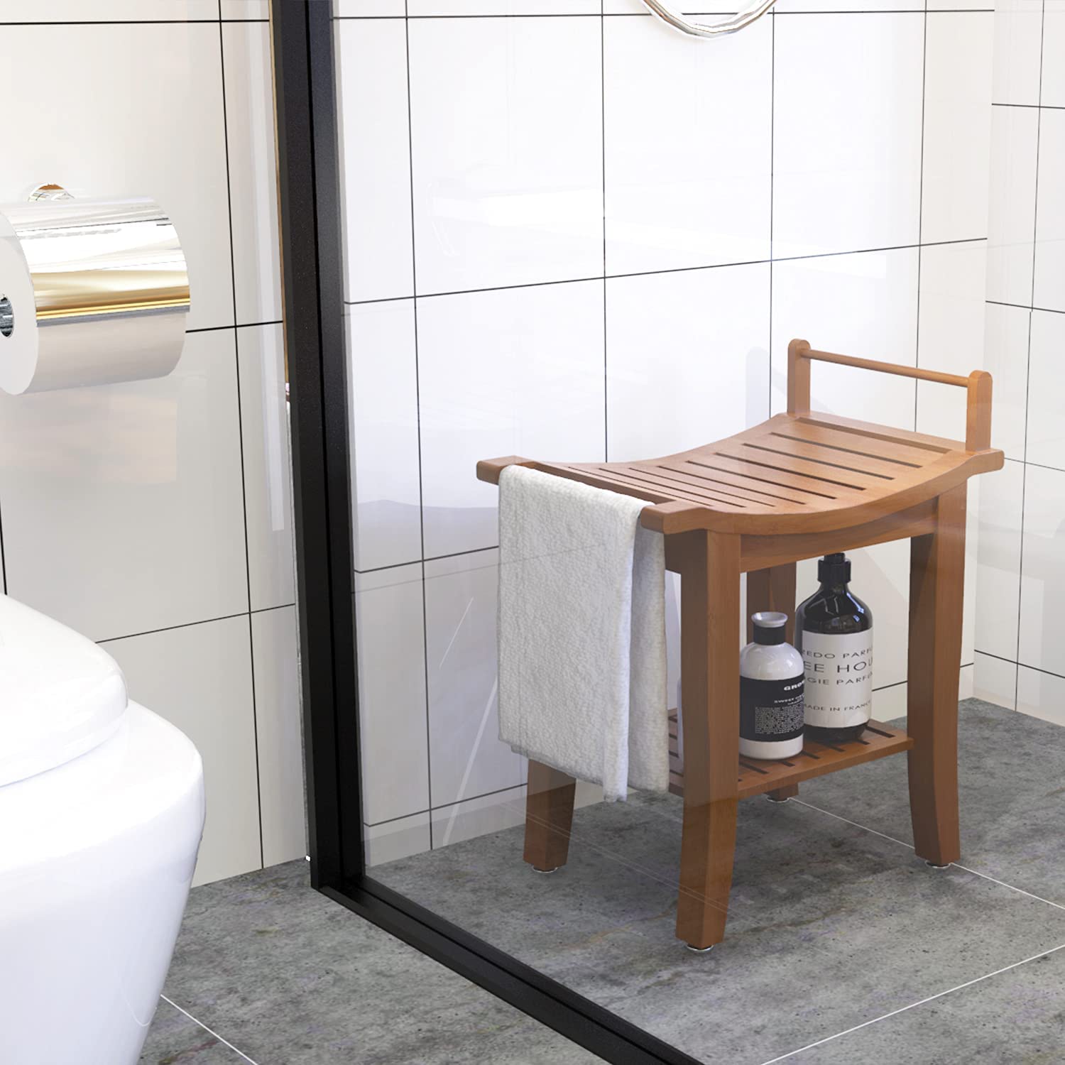 ETECHMART 2-Tier Bamboo Shower Bench, 24 Inch Spa Stool with Storage Shelf for Inside Shower Legs Shaving, Entryway or Bathroom, A-Shaped Shower Bath Seat for Seniors Adults Disabled Women, Natural+Ba