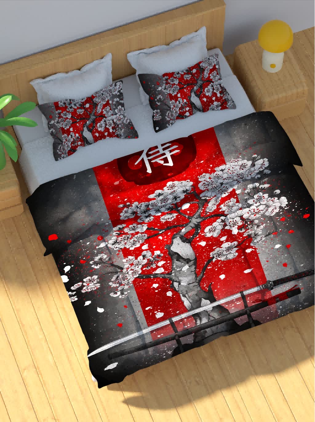 Japanese black white ink style Samurai sword red Sakura 3D print Duvet Cover Queen Size Ultra Soft and Breathable Bedding Comforter Cover Set 3 Pieces with Zipper Closure Duvet Cover & 2 Pillow Shams