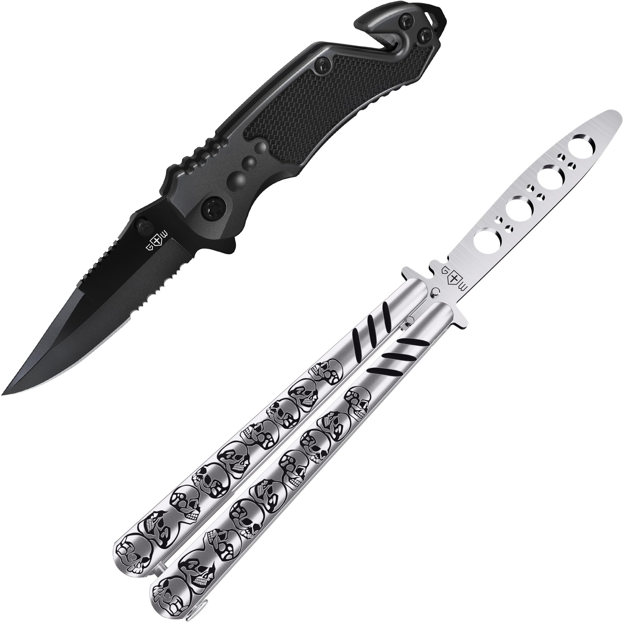 Bundle of 2 Items - 2,95β Serrated Blade Pocket Knife - Black Folding Knife with Glass Breaker and Seatbelt Cutter - Small EDC Knife - Dull Not-Sharp Blade - Skeleton Dull Trick Butterfly Knifes