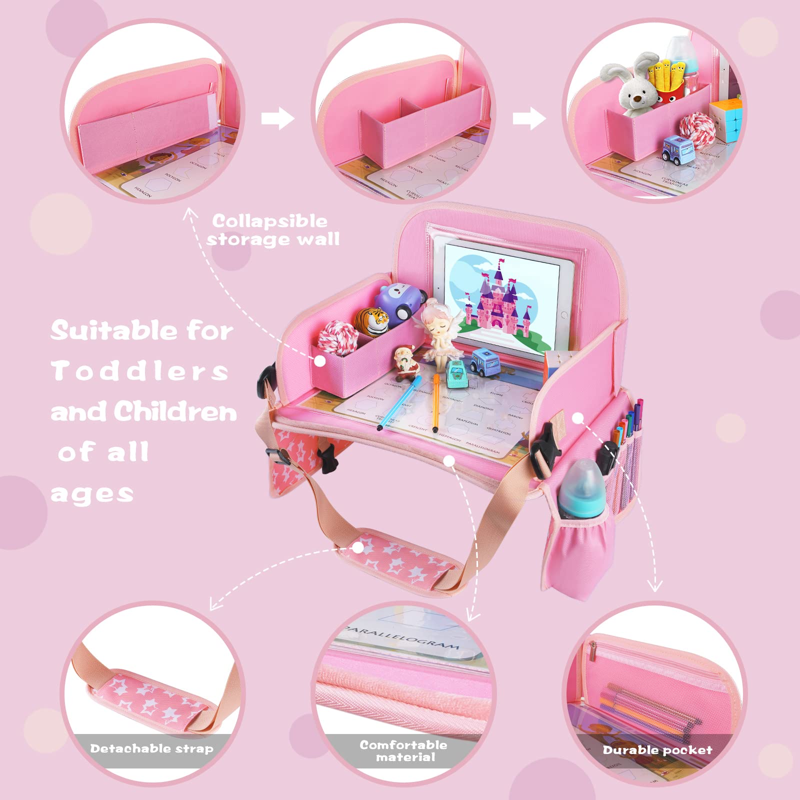 MENZOKE Bundle–2 items Kids Travel Tray with Dry Erase Board & Storage Pocket, Blue & Pink