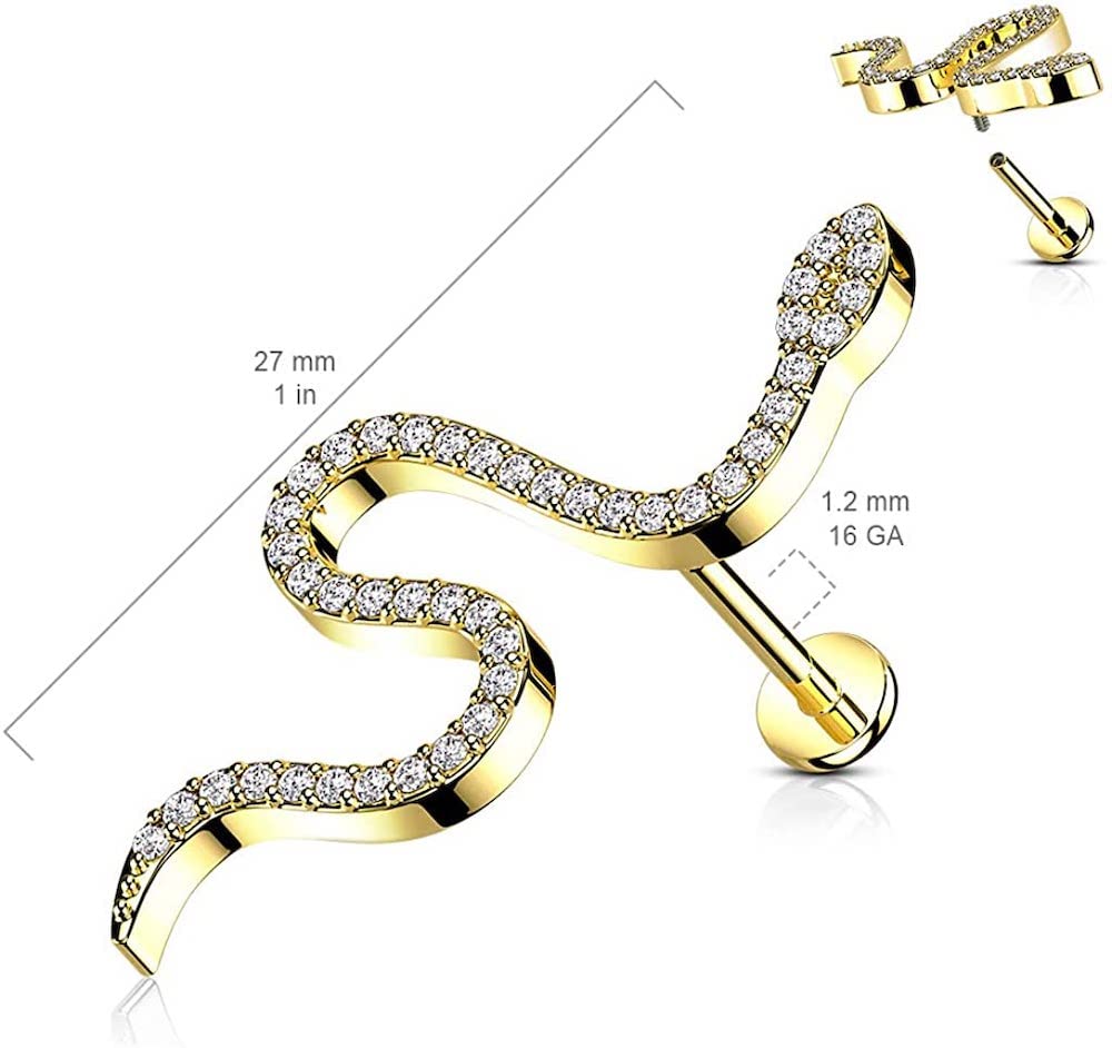 Covet Jewelry Snake Paved CZ Top on Internally Threaded 316L Surgical Steel Flat Back Studs for Labret, Monroe, Cartilage and More (16GA, L: 5/16" (8mm), Aurora Borealis)