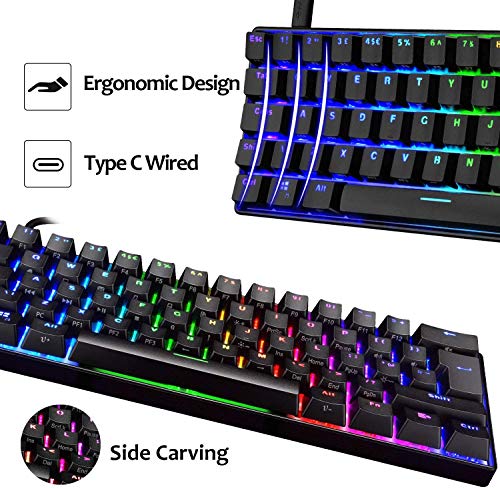 ZIYOU LANG MK21 Portable 60% Mechanical Gaming Keyboard Untra-Compact Type-c Wired with Light Up Chroma LED Backlit Non-Conflict 61 Key TKL Ergonomic for PS4 PS5 PC Mac Windows(Black/Blue Switch)