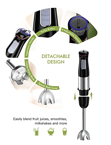 Immersion Blender, 2-in-1 Multi-Purpose Hand Blender, 500W Multifunctional Hand Blender with Whisk, 6-Speed and Turbo Mode, 304 Stainless Steel Handheld Stick Blender for Smoothies, Puree Baby Food and Soups