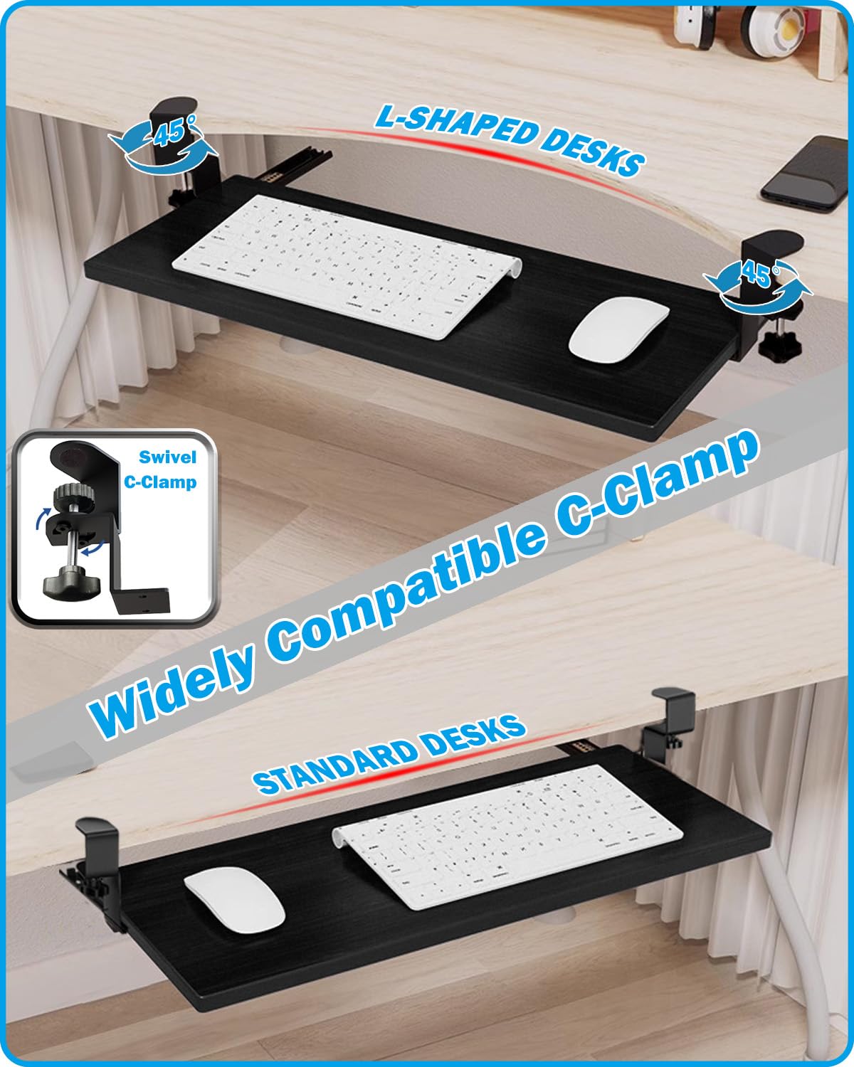Clamp-On Under Desk Keyboard Tray, Keyboard Drawer for Corner Desk & Straight Edge Desk, Slide Out Keyboard Platforms for Home Office, White