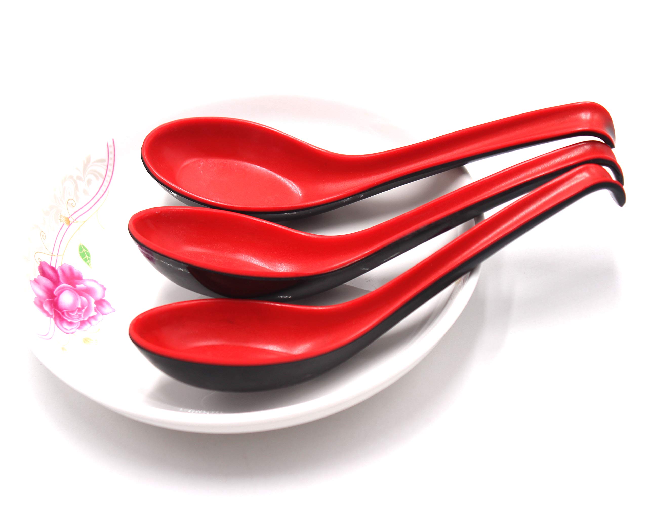 Large Japanese Soup Spoons Red and Black with Long Handle, Set of 8