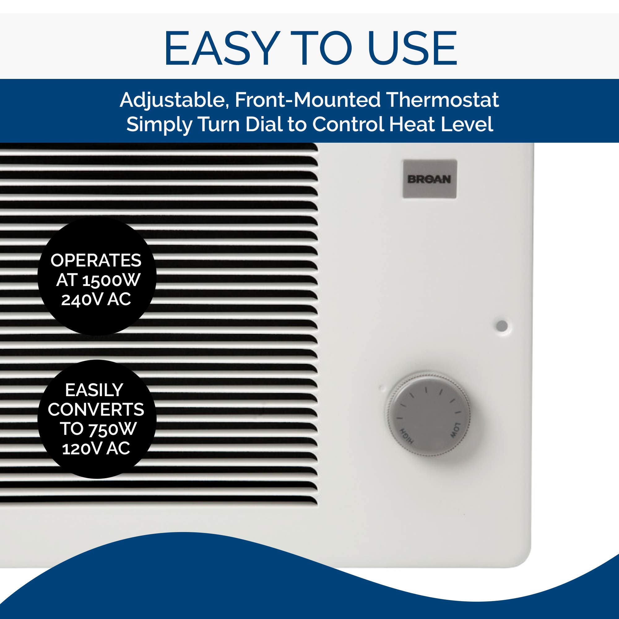 Broan-NuTone Wall Heater, White Grille Heater with Built-In Adjustable Thermostat, 750/1500W, 120/240V AC