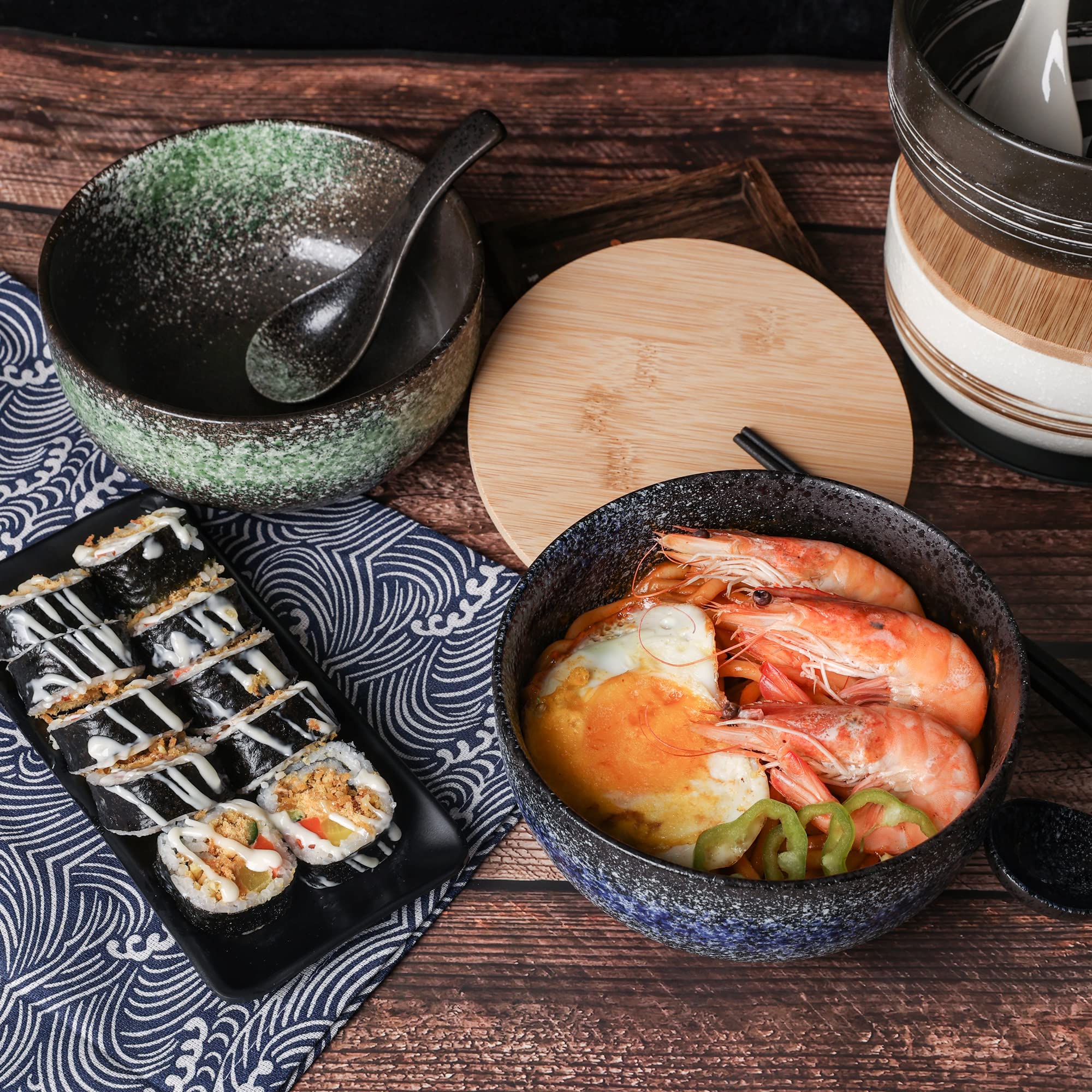 Cteaffee 38 OZ Large Ceramic Ramen Bowls Sets, Japanese ramen bowls, soup bowl, noodle bowls with Spoons and Chopsticks For Salad, Rice, Noodles, Microwave & Dishwasher Safe (Ramen bowl set)