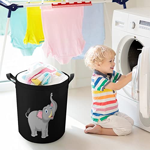 Cute Elephant Cartoon Laundry Basket Round Collapsible Storage Bin with Drawstring and Handle for Bedroom Bathroom Toys Room 17.3" X 13.8"