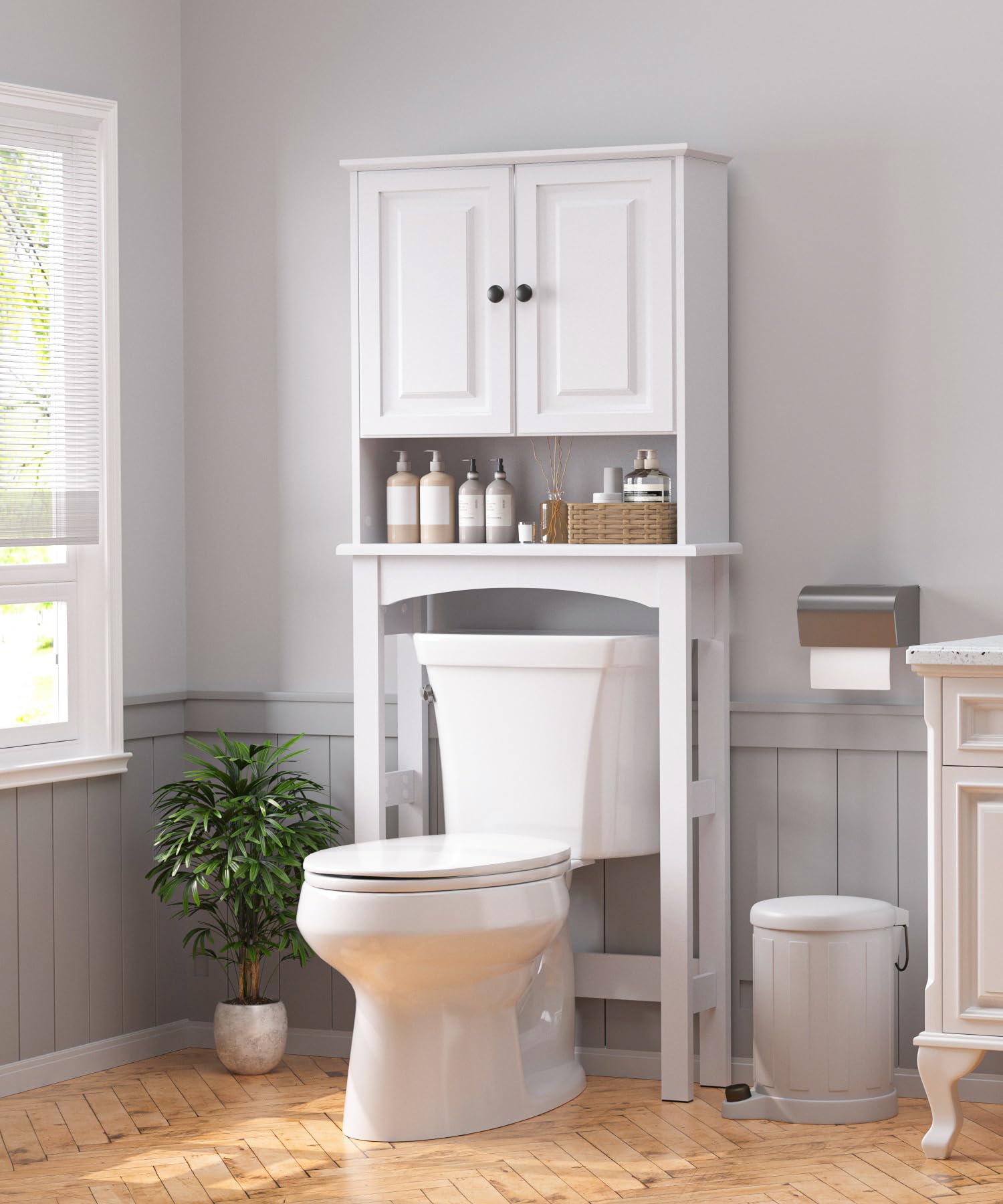 HAIOOU Over The Toilet Storage Cabinet with Motion Sensor LED Light, Double Door Bathroom Essentials Storage Organizer Space-Saving Toilet Rack with Buffering Hinges, Adjustable Shelf - Expresso