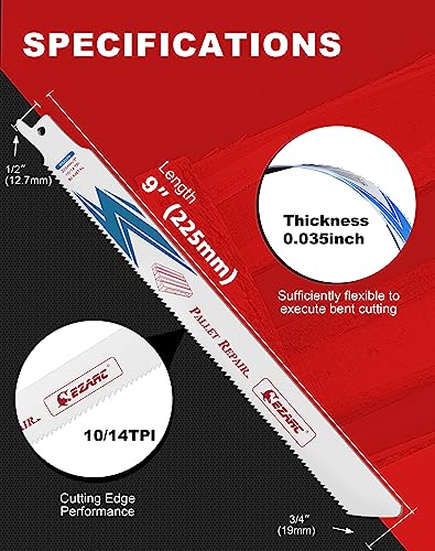 EZARC Reciprocating Saw Blade Special for Pallet Repair, 9-Inch Bi-Metal Sawzall Blades Set 10+14TPI for Nail Embedded Wood (10-Pack)